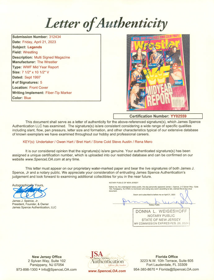 Undertaker, Owen Hart, Bret Hart, Steve Austin & Sable multi-signed Ma ...