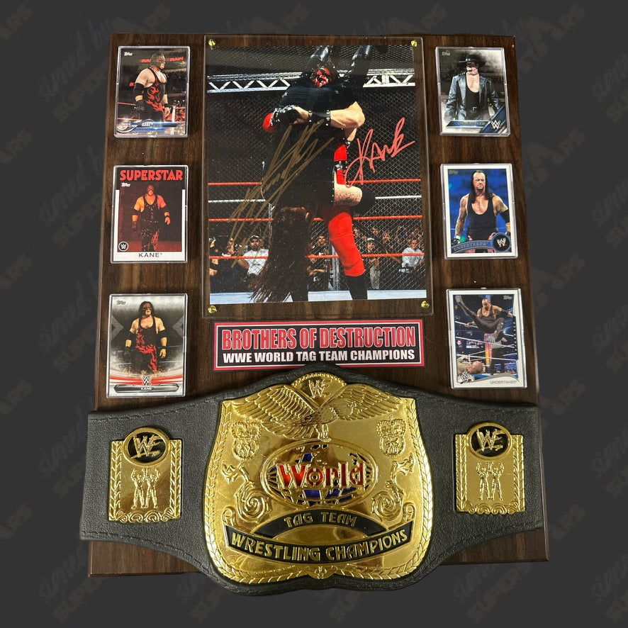 Kane & Undertaker dual signed Wood Plaque with Belt – Signed By Superstars