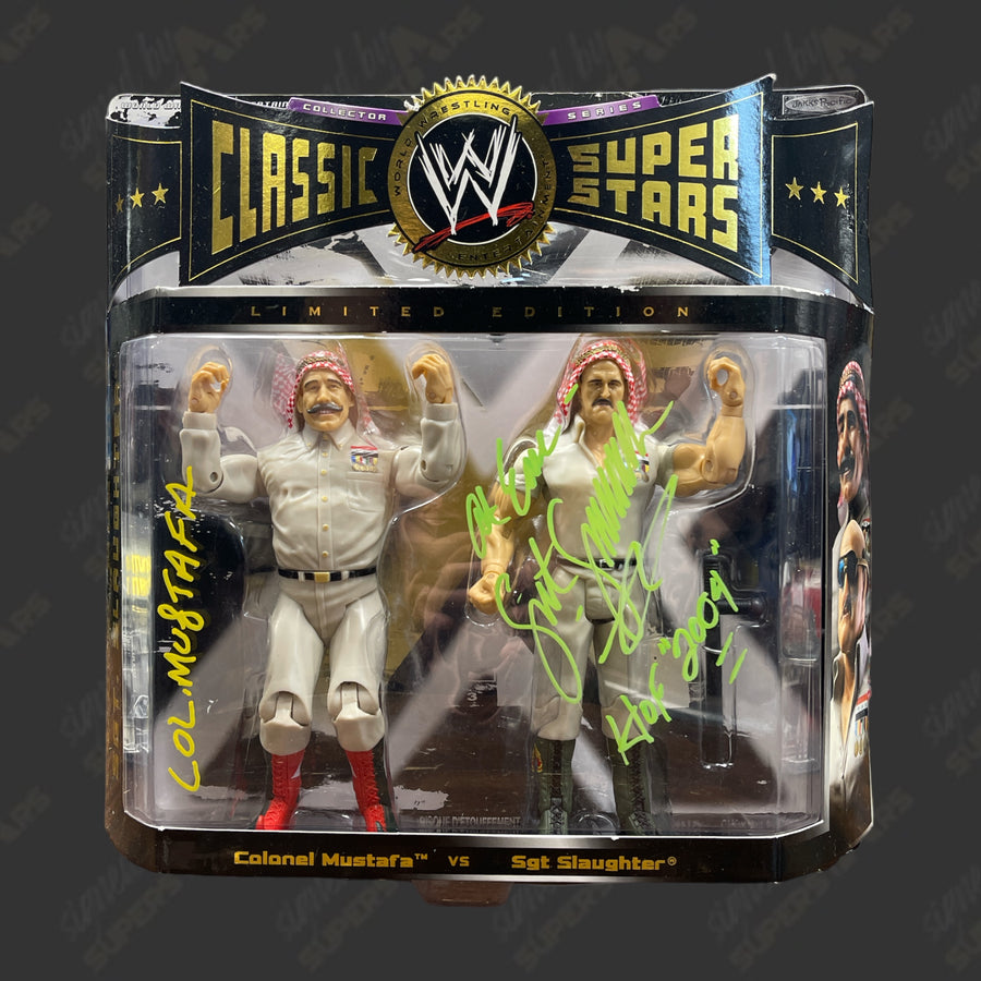 Colonel Mustafa & Sgt Slaughter dual signed WWE Jakks Classic Supersta ...
